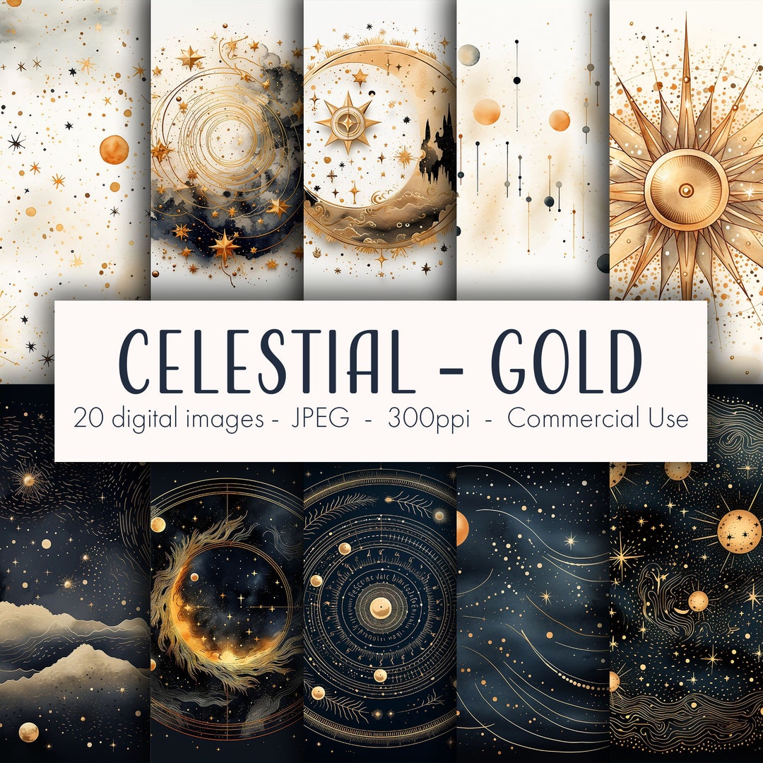 Celestial Gold Digital Images, Printable Digital Paper, Instant ...
