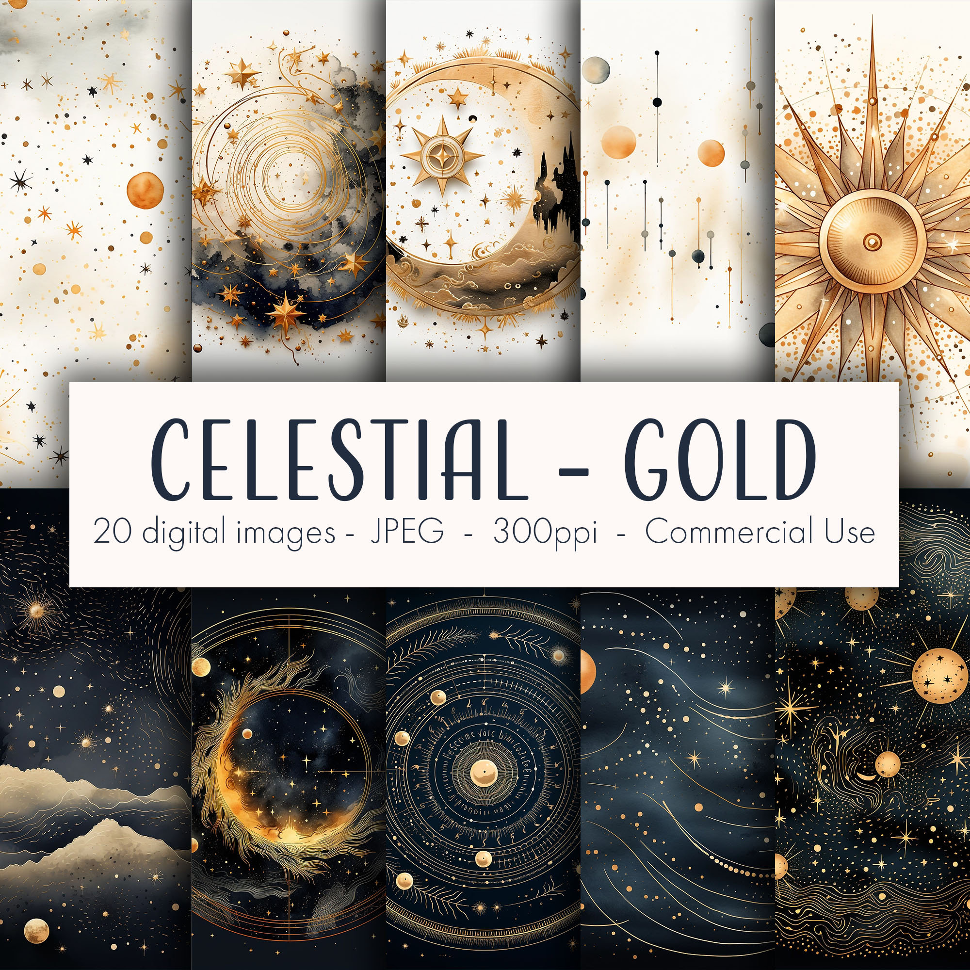 Celestial Gold Digital Images, Printable Digital Paper, Instant ...