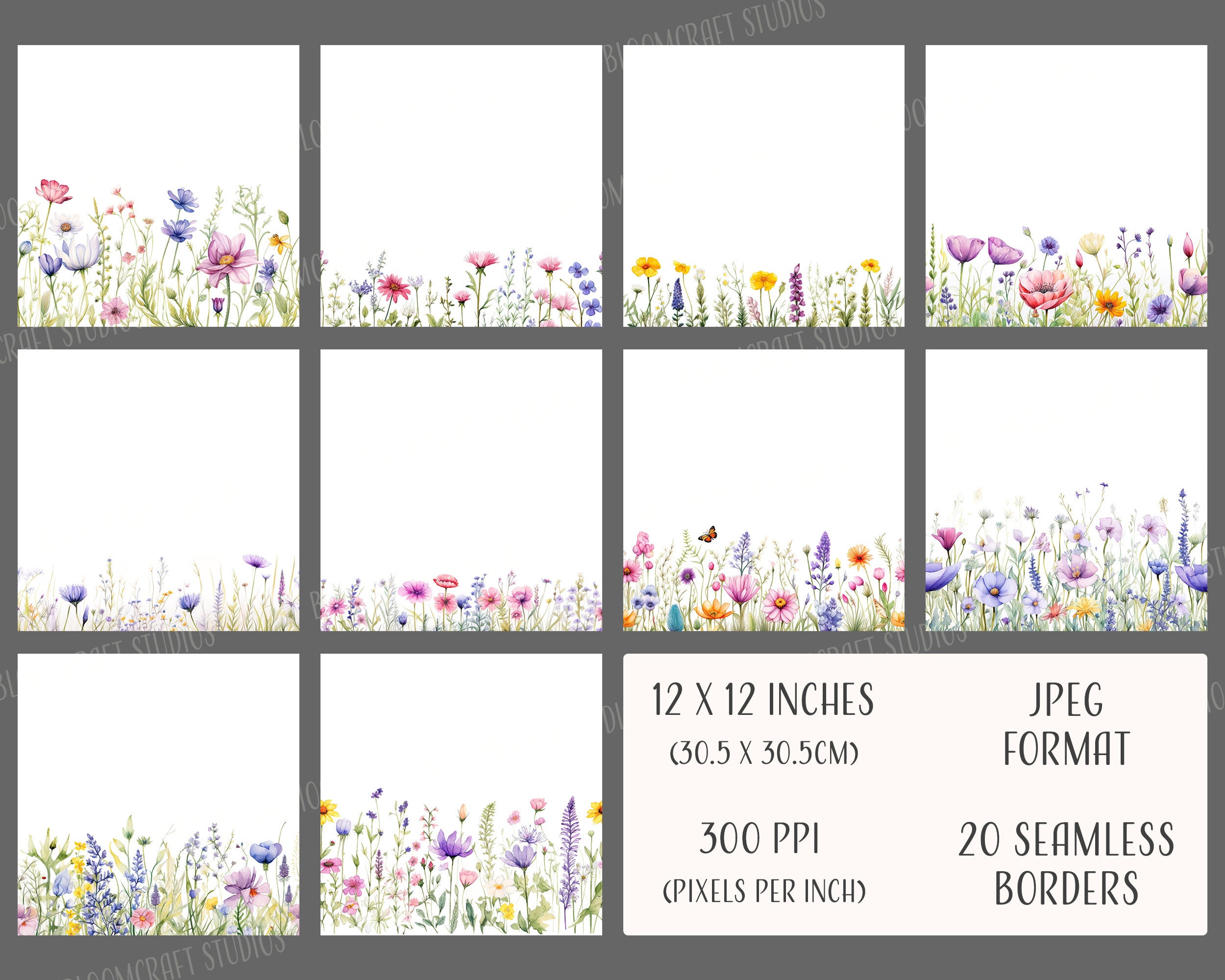 Wildflower Seamless Borders, Printable Digital Paper, Commercial Use ...