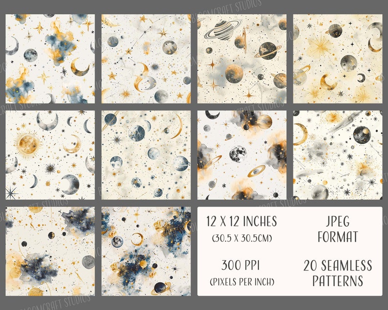 Celestial Seamless Patterns, Printable Digital Paper, Commercial Use ...