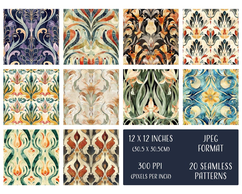 Art Nouveau Seamless Patterns, Printable Digital Paper, Commercial Use ...