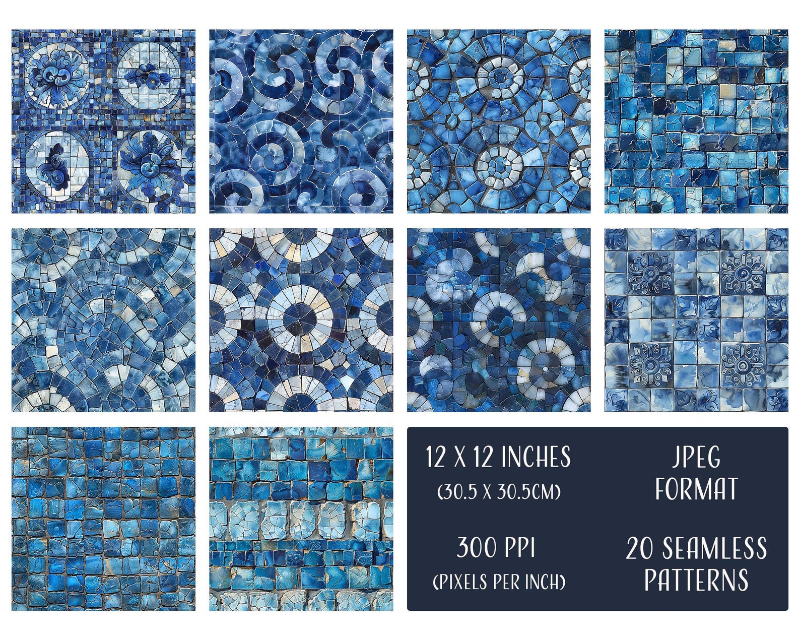 Blue Mosaic Seamless Patterns, Printable Digital Paper, Commercial Use ...