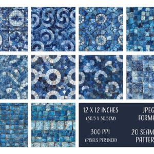 Blue Mosaic Seamless Patterns, Printable Digital Paper, Commercial Use ...