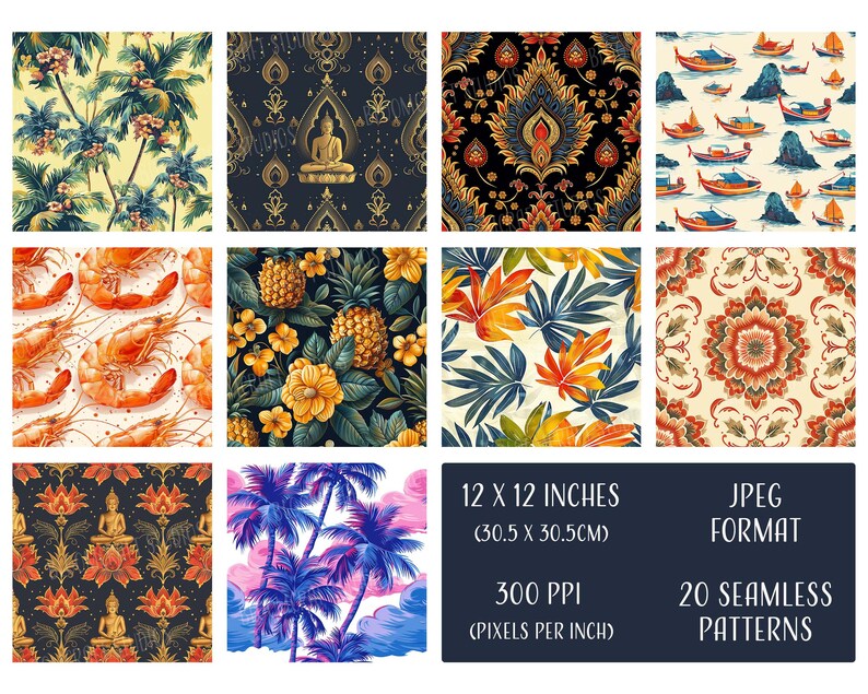 Thailand Seamless Patterns, Printable Digital Paper, Commercial Use, JPEG Format, Instant ...