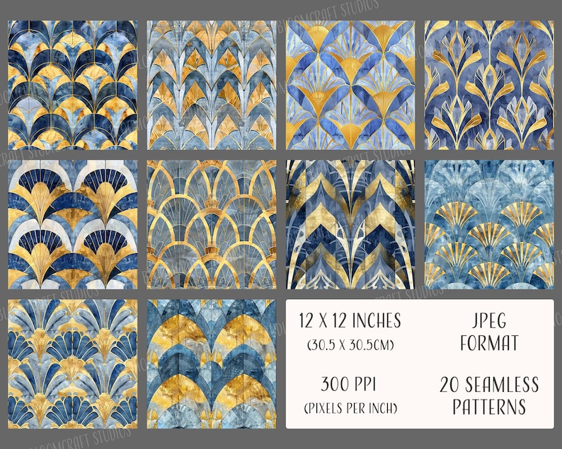 Art Deco Blue Seamless Patterns, Printable Digital Paper, Commercial ...
