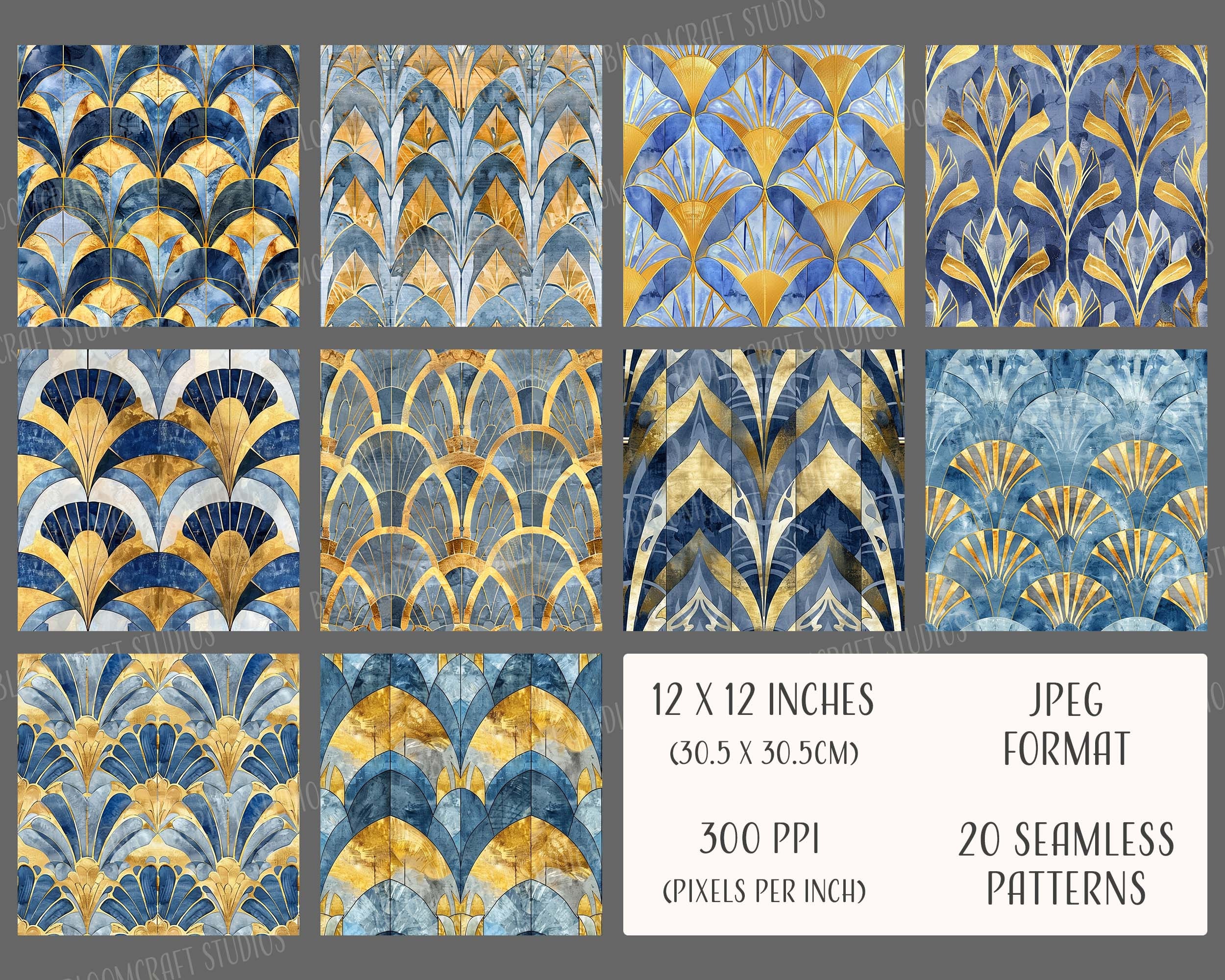 Art Deco Blue Seamless Patterns, Printable Digital Paper, Commercial ...