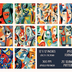 Cubist Art Faces Seamless Patterns, Printable Digital Paper, Instant ...