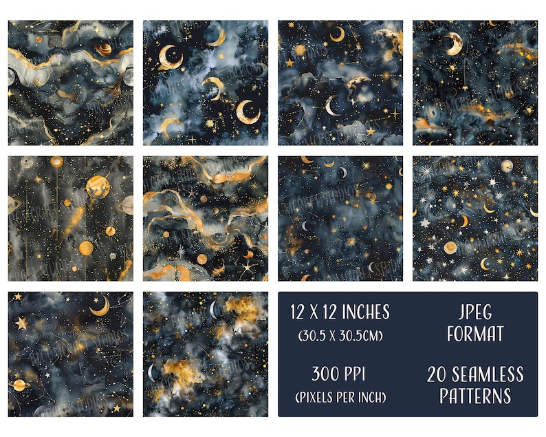 Celestial Seamless Patterns, Printable Digital Paper, Commercial Use ...