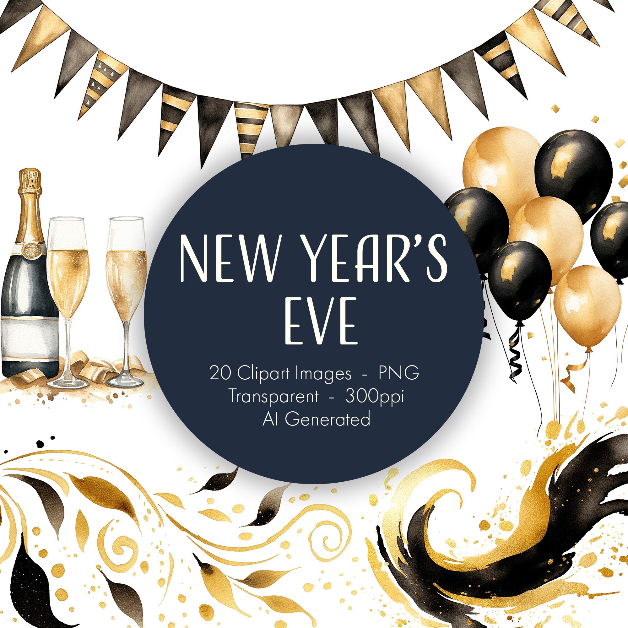 New Year's Eve Clipart - Transparent Background, Instant Download, PNG Format, for Commercial ...