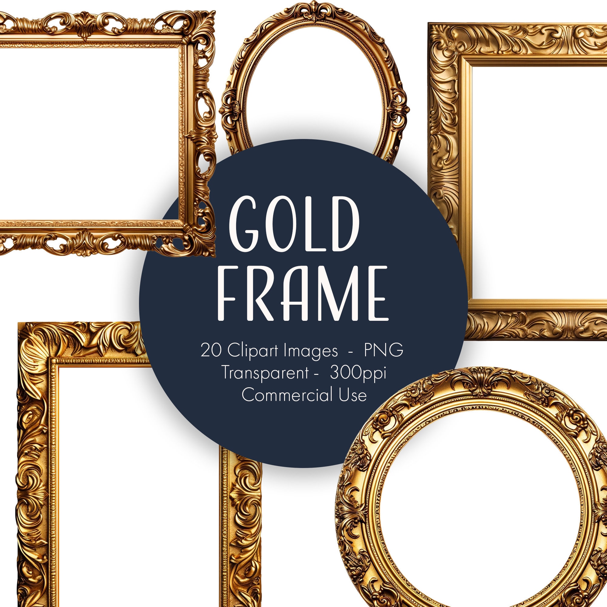 Gold Frame Clipart - Printable Images, Transparent Background, Instant ...