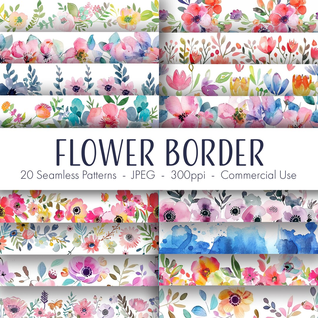 Flower Seamless Borders, Printable Digital Paper, Commercial Use, JPEG ...