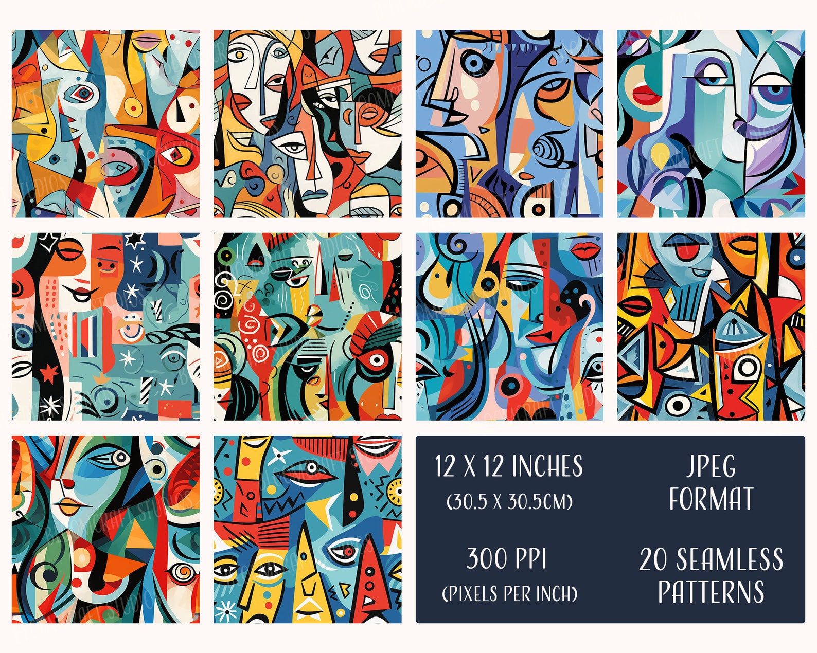 Cubist Art Faces Seamless Patterns, Printable Digital Paper, Instant ...