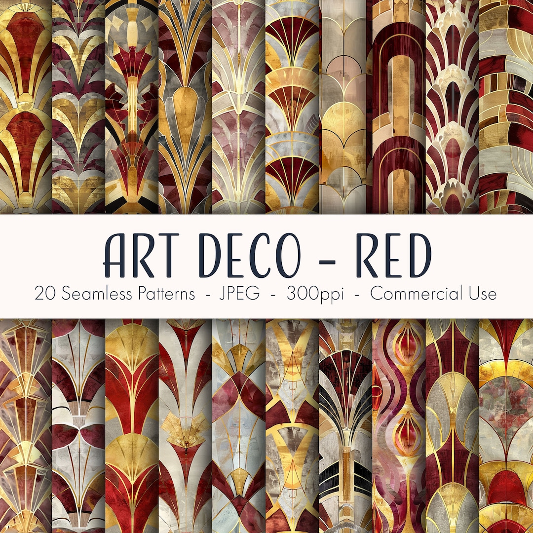 Art Deco Red Seamless Patterns, Printable Digital Paper, Commercial Use ...