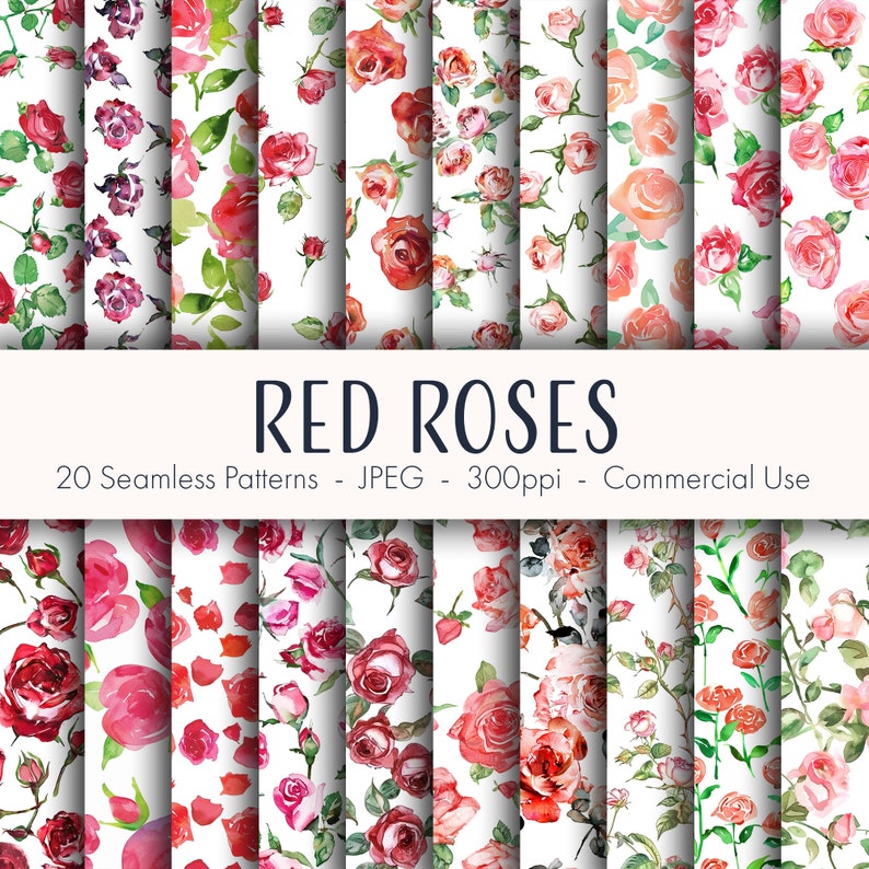 Red Roses Seamless Patterns, Printable Digital Paper, Commercial Use ...