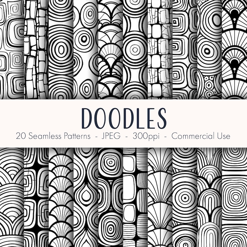 Doodles Seamless Patterns, Printable Digital Paper, Commercial Use ...