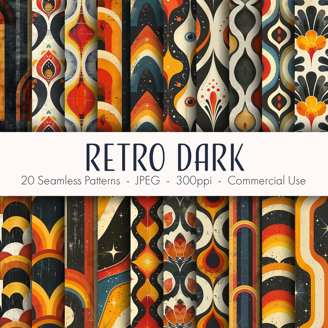 Retro Dark Seamless Patterns, Printable Digital Paper, Commercial Use ...