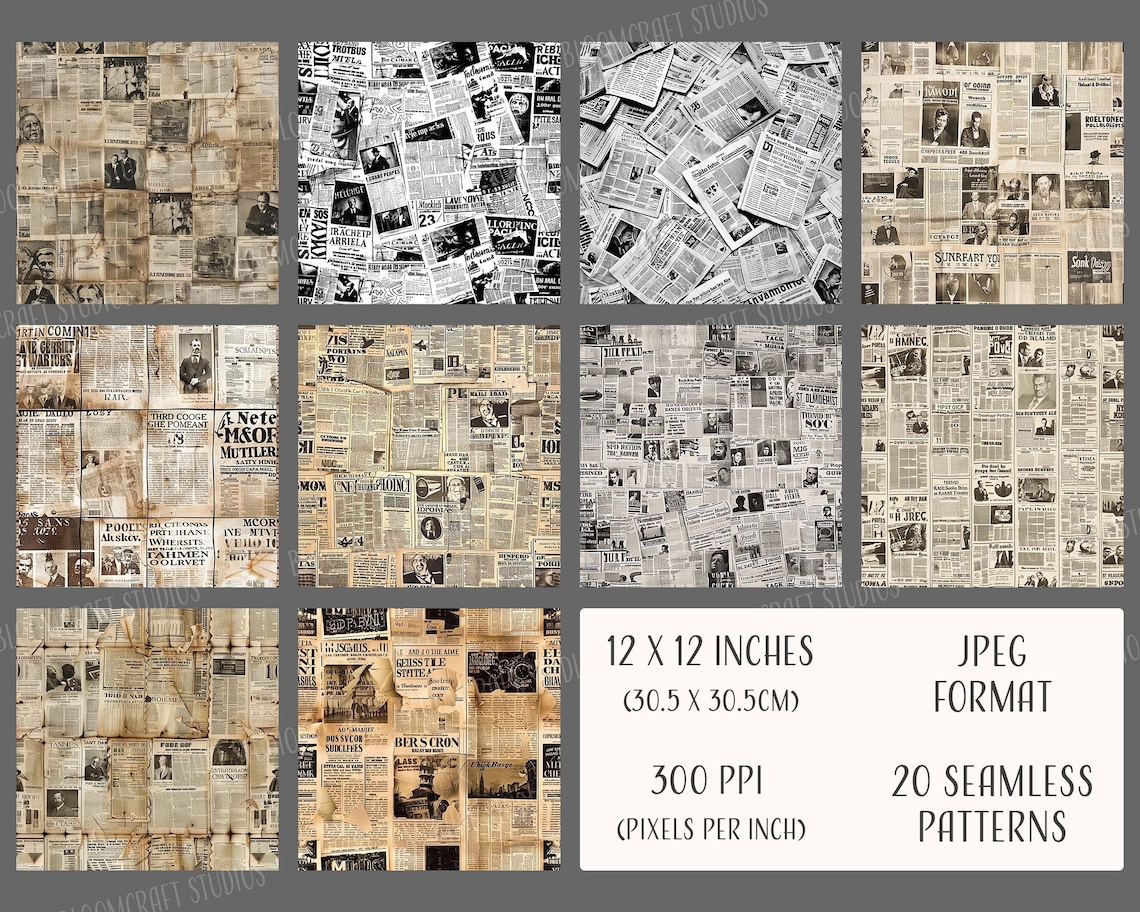 Newspaper Seamless Patterns, Printable Digital Paper, Commercial Use ...