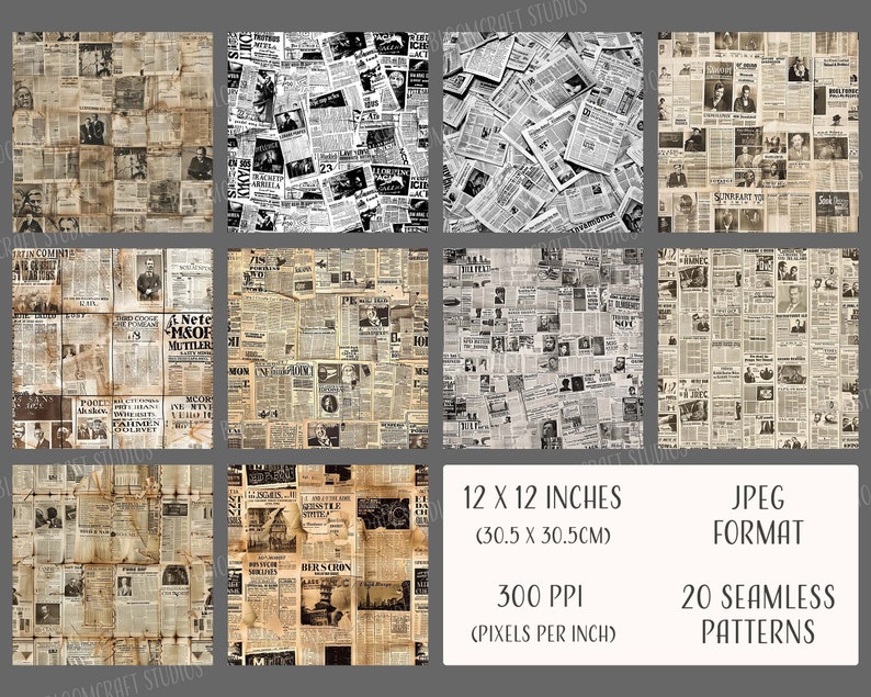 Newspaper Seamless Patterns, Printable Digital Paper, Commercial Use ...