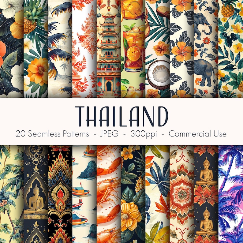 Thailand Seamless Patterns, Printable Digital Paper, Commercial Use, JPEG Format, Instant ...