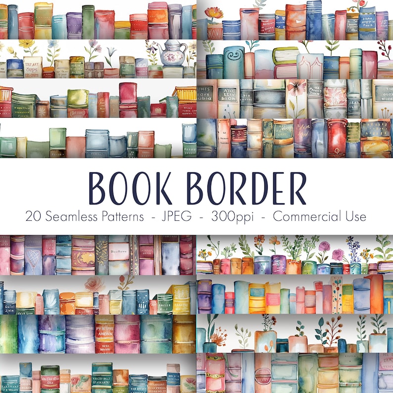 Book Seamless Borders, Printable Digital Paper, Commercial Use, JPEG ...