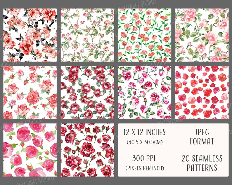 Red Roses Seamless Patterns, Printable Digital Paper, Commercial Use ...