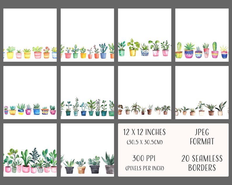 Potted Plants Seamless Borders, Printable Digital Paper, Commercial Use ...