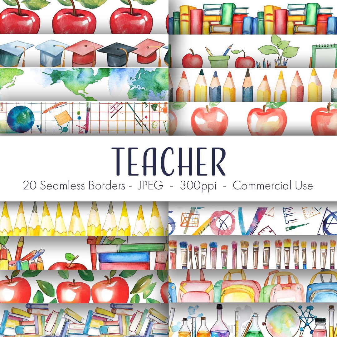 Teacher Seamless Borders, Printable Digital Paper, Commercial Use, JPEG ...