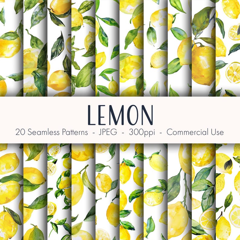 Lemon Seamless Patterns, Printable Digital Paper, Commercial Use, JPEG Format, Instant Download ...
