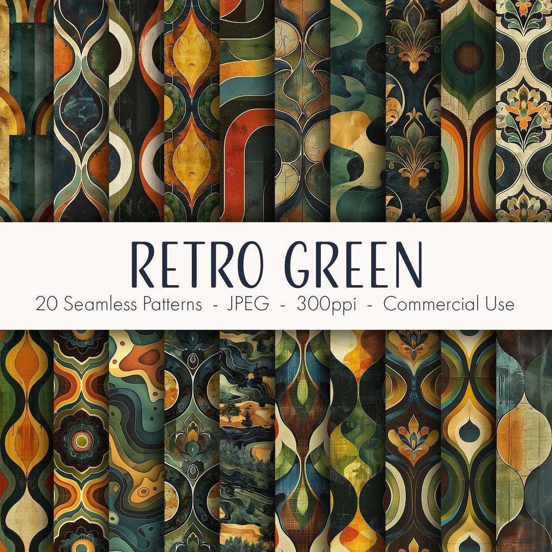 Retro Green Seamless Patterns, Printable Digital Paper, Commercial Use ...