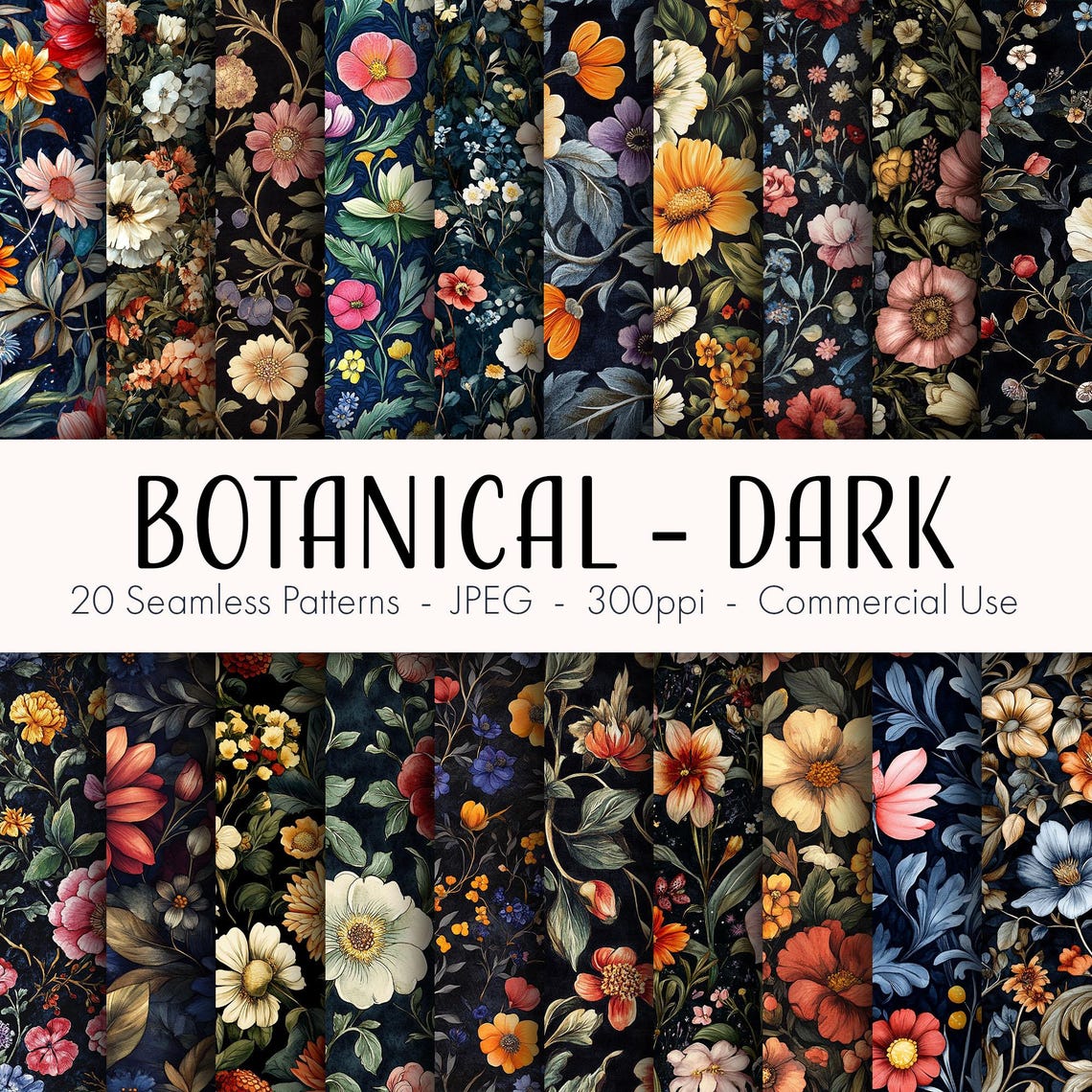 Botanical Dark Seamless Patterns, Printable Digital Paper, Commercial ...