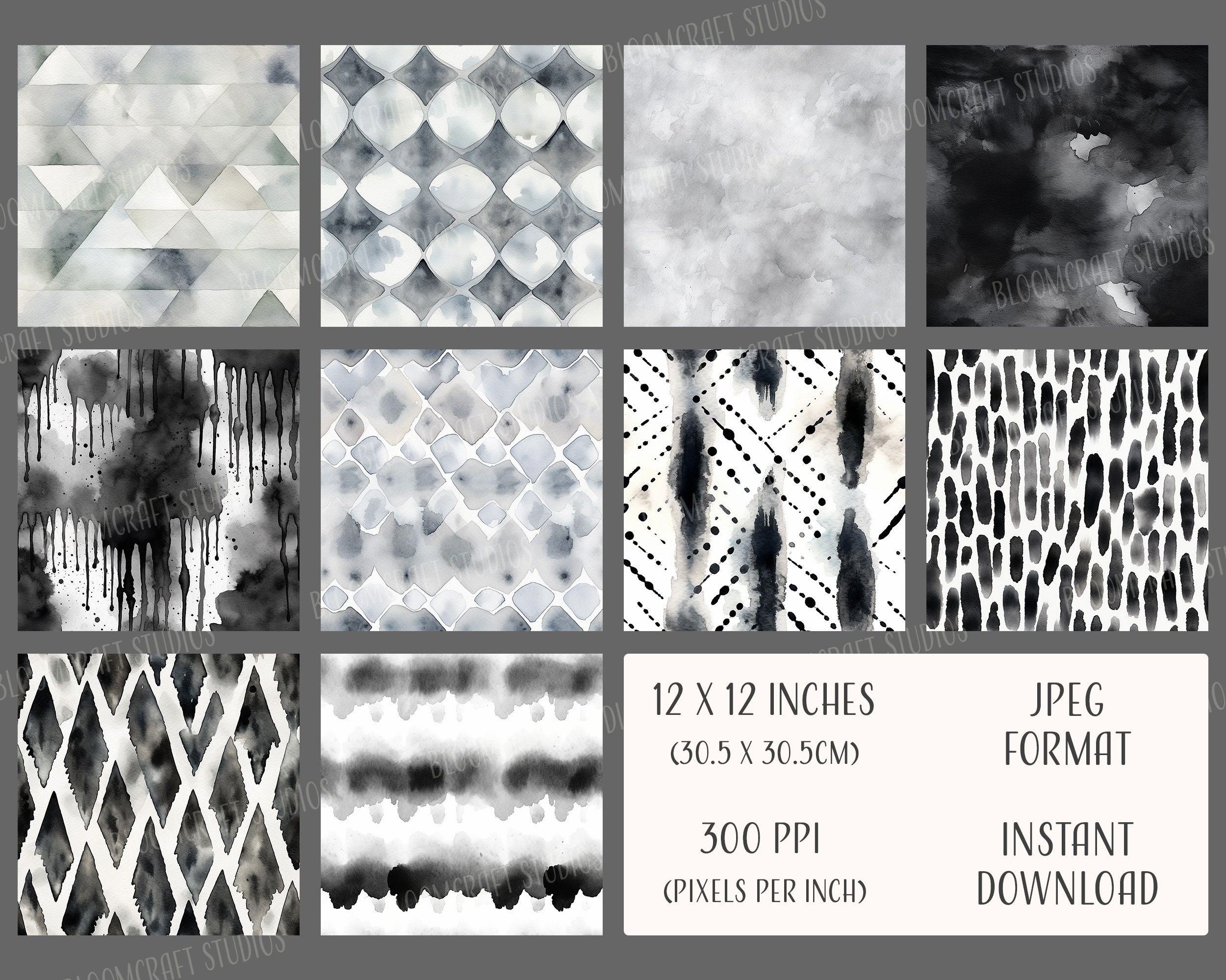 Black Wash Seamless Patterns, Printable Digital Paper, Instant Download ...