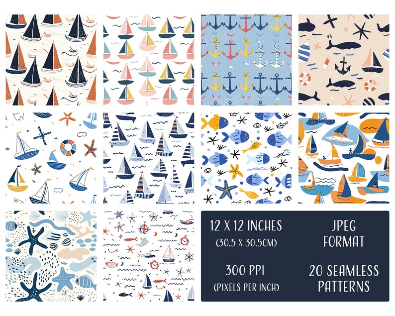 Nautical Seamless Patterns, Printable Digital Paper, Commercial Use ...
