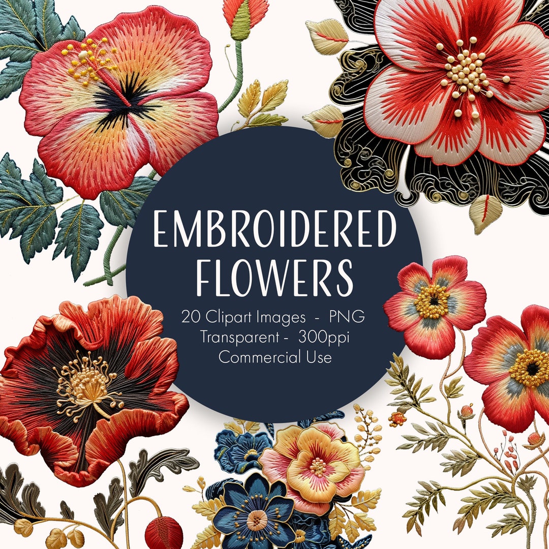 Embroidered Flower Clipart - Printable Images, Transparent Background ...