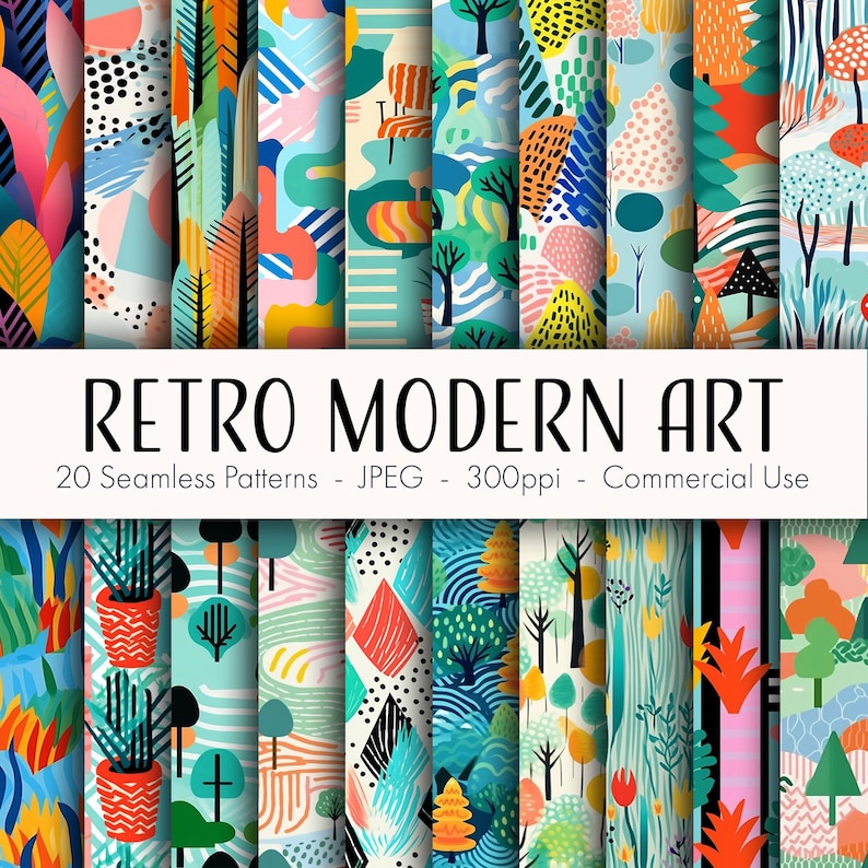Retro Modern Art Seamless Patterns, Printable Digital Paper, Instant ...