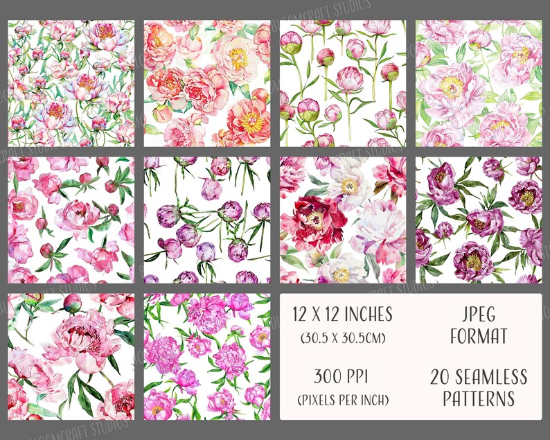 Peonies Seamless Patterns, Printable Digital Paper, Commercial Use ...