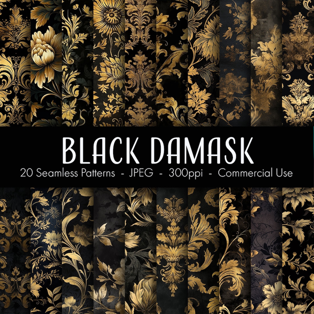 Black Damask Seamless Patterns, Printable Digital Paper, Instant ...