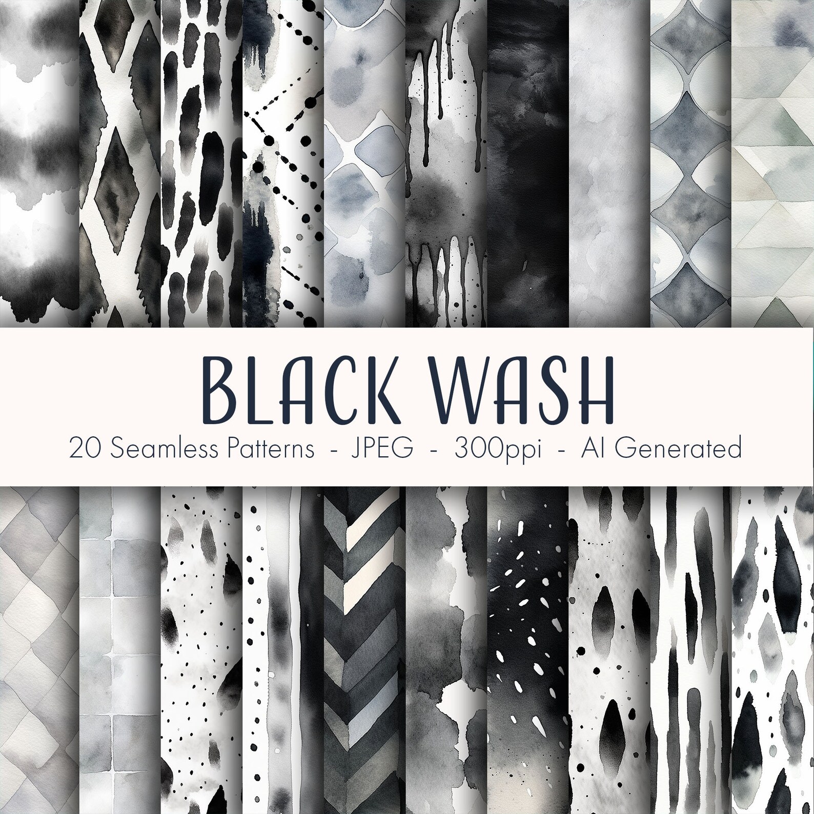 Black Wash Seamless Patterns, Printable Digital Paper, Instant Download ...