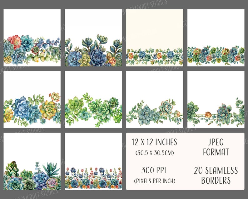 Succulent Seamless Borders, Printable Digital Paper, Commercial Use ...