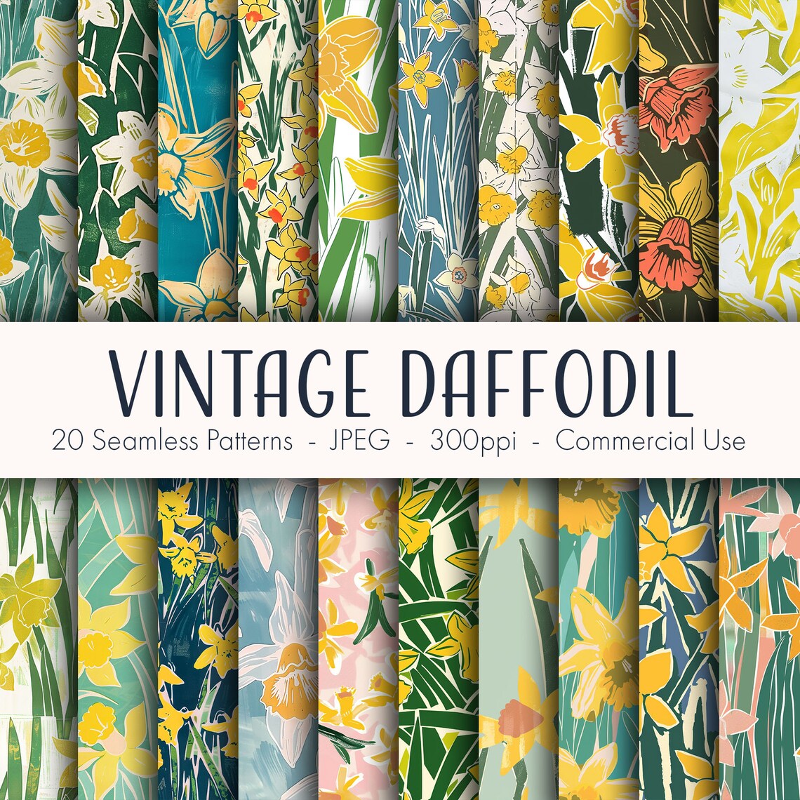 Vintage Daffodils Seamless Patterns, Printable Digital Paper ...