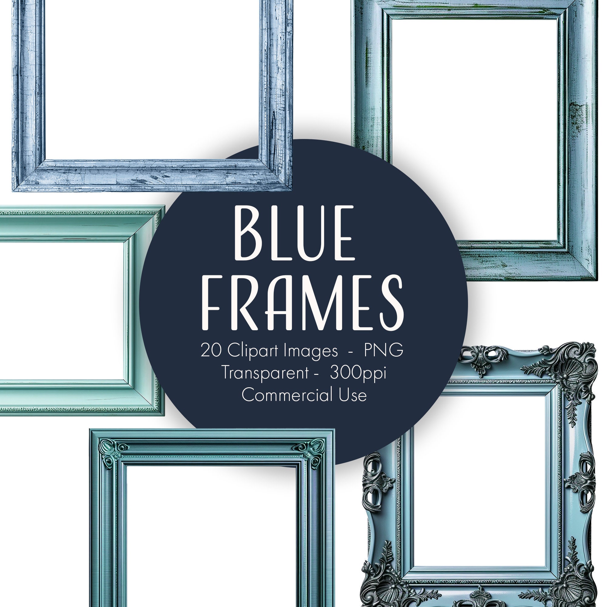 Blue Frame Clipart - Printable Images, Transparent Background, Instant ...