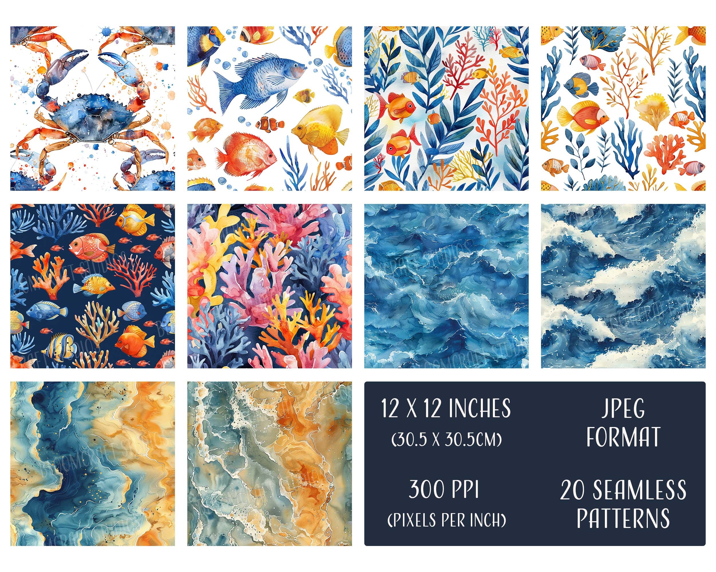 Ocean Seamless Patterns, Printable Digital Paper, Commercial Use, JPEG ...
