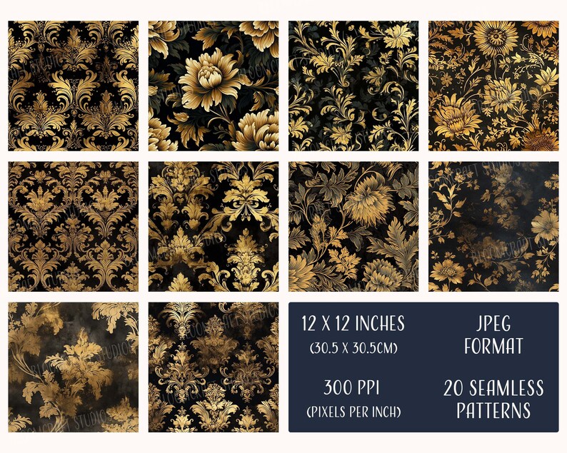 Black Damask Seamless Patterns, Printable Digital Paper, Instant Download, Commercial Use, JPEG ...