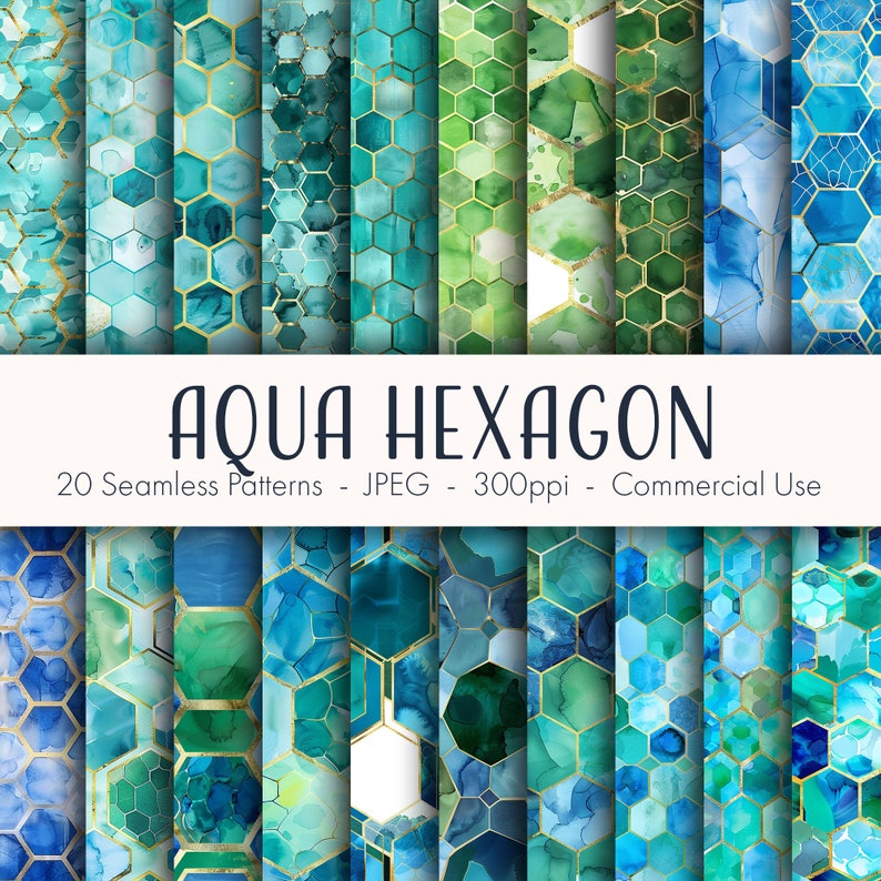 Aqua Hexagon Seamless Patterns, Printable Digital Paper, Commercial Use ...