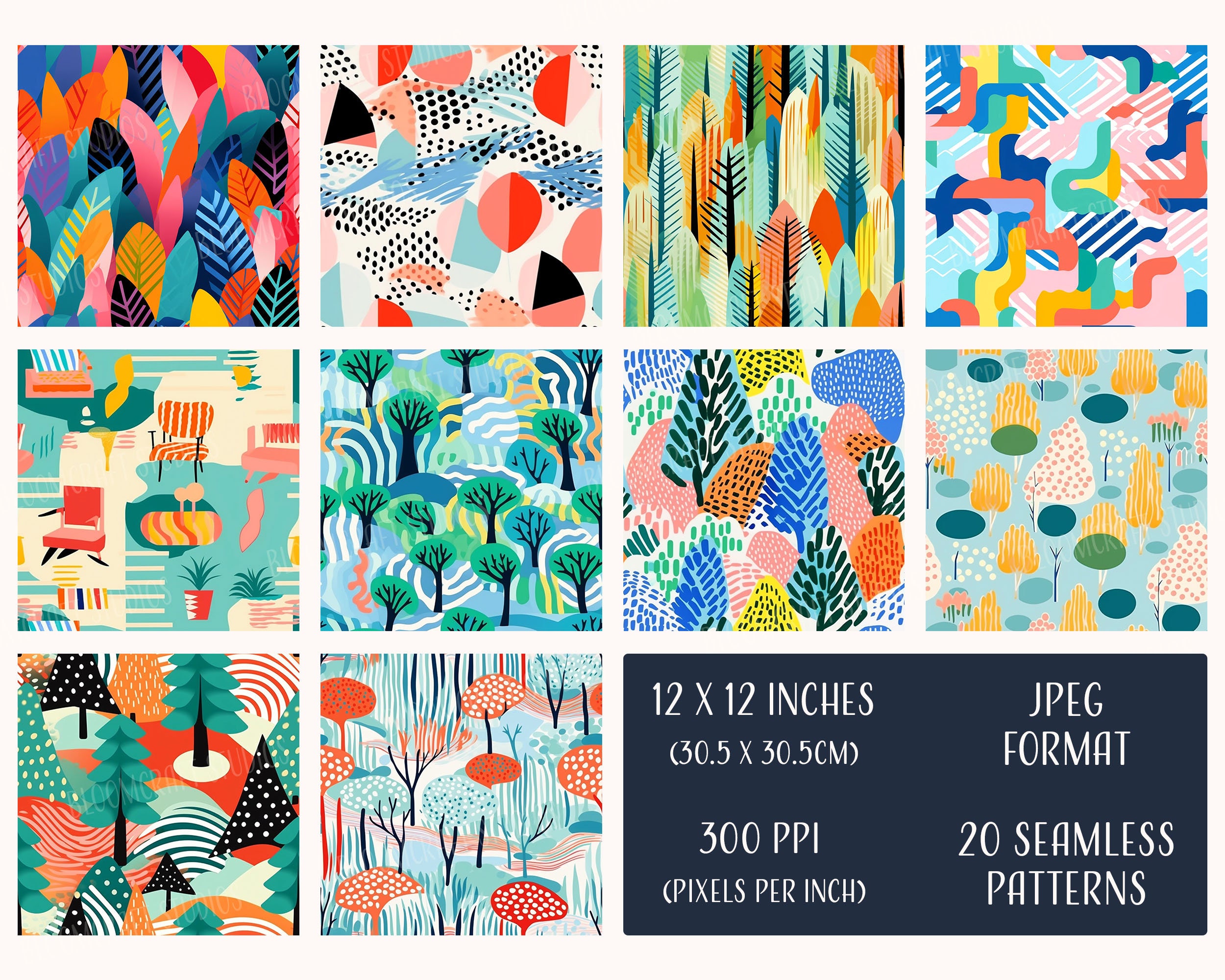 Retro Modern Art Seamless Patterns, Printable Digital Paper, Instant ...