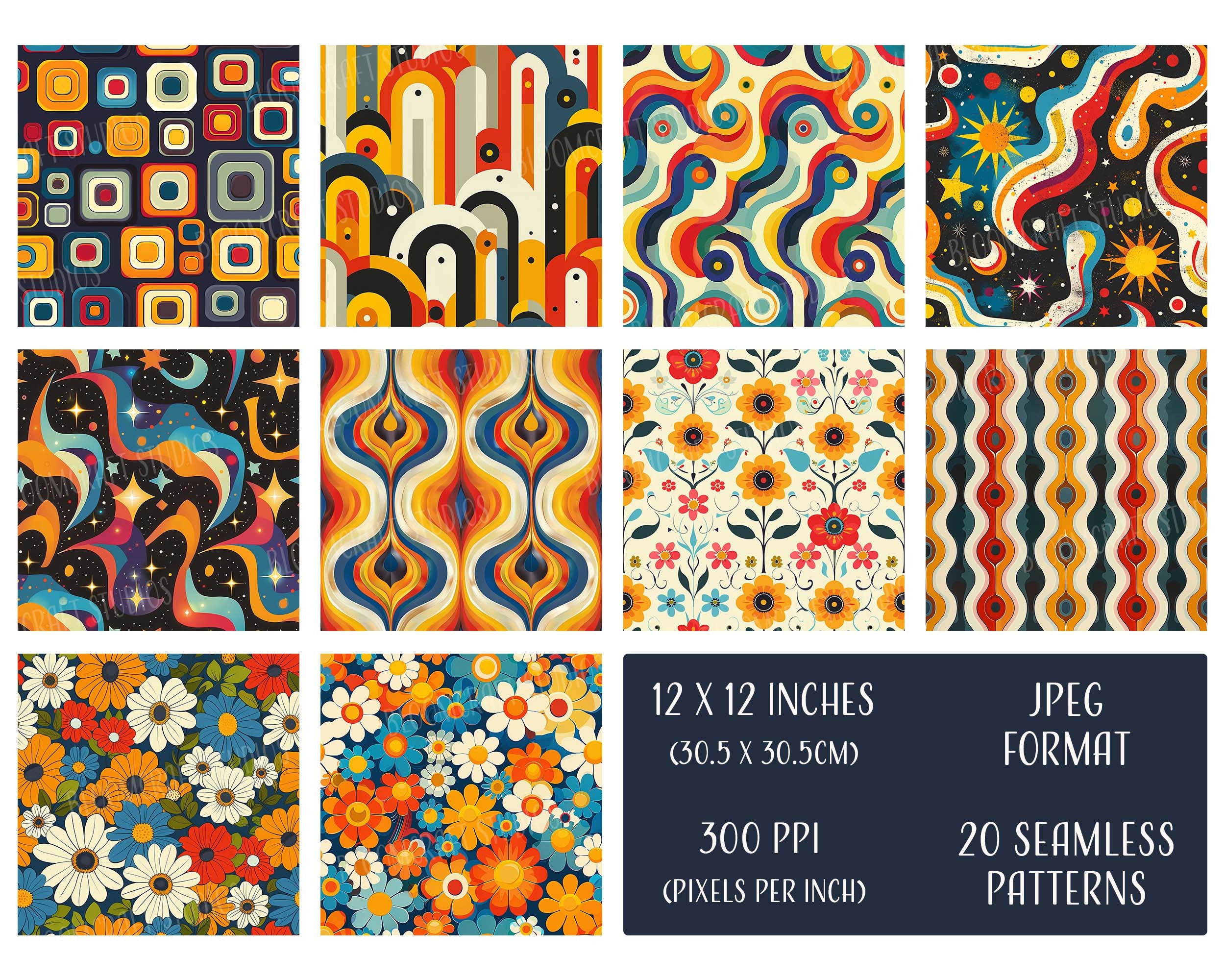 70s Seamless Patterns, Printable Digital Paper, Commercial Use, JPEG ...