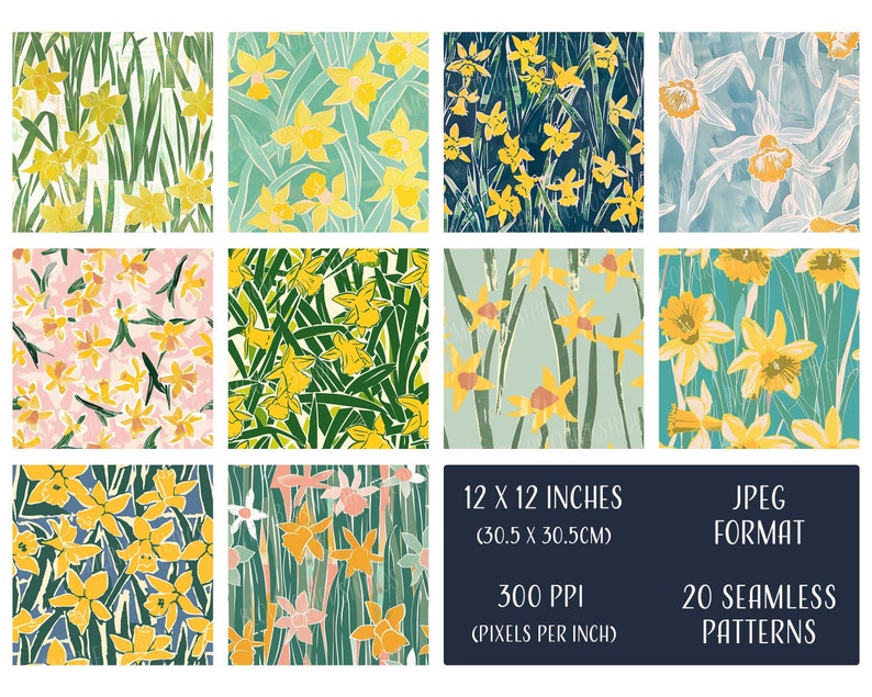 Vintage Daffodils Seamless Patterns, Printable Digital Paper ...