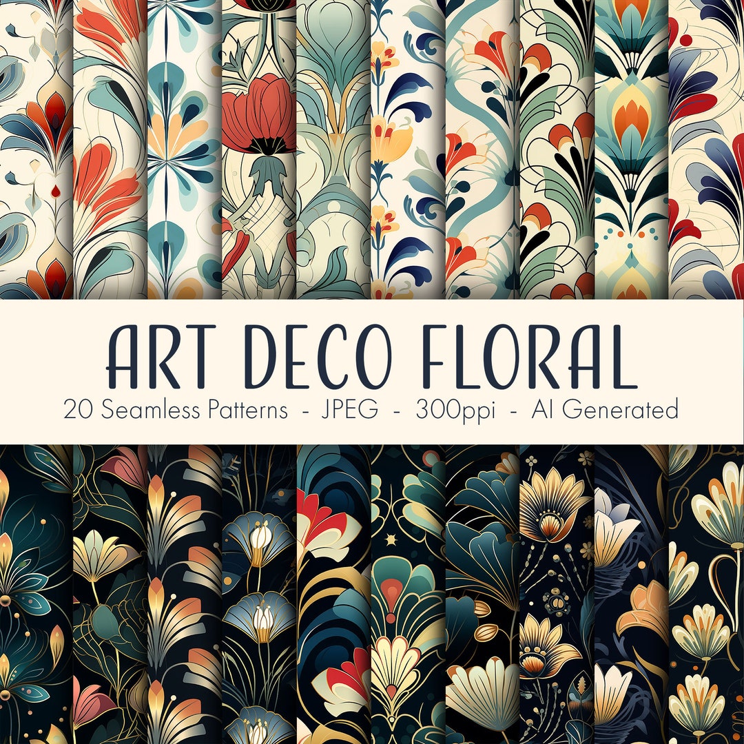 Art Deco Floral Seamless Patterns, Printable Digital Paper, Instant ...