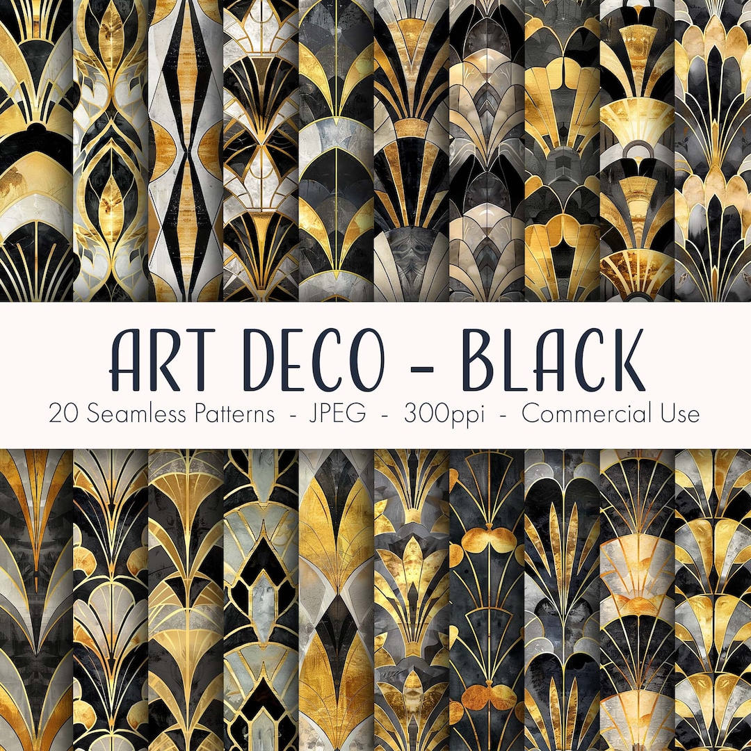 Art Deco Black Seamless Patterns, Printable Digital Paper, Commercial ...