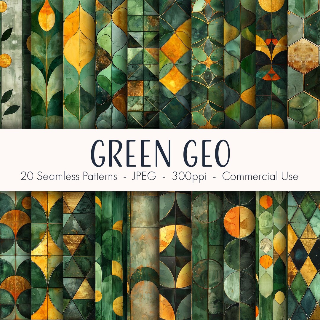 Green Geo Seamless Patterns, Printable Digital Paper, Commercial Use ...