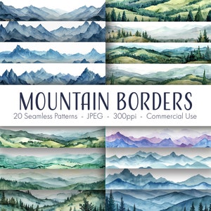 Mountain Seamless Borders, Printable Digital Paper, Commercial Use, JPEG Format, Instant ...